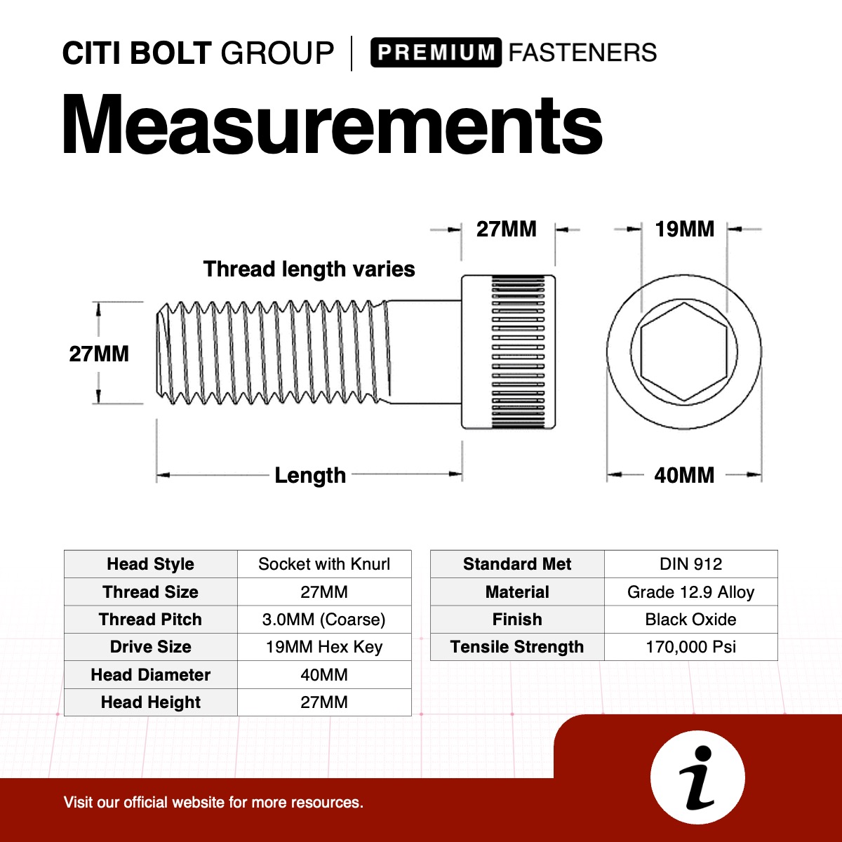 1pc M27 (27MM) Grade 12.9 Allen Socket Head Cap Screw | HT Allen Bolt ...