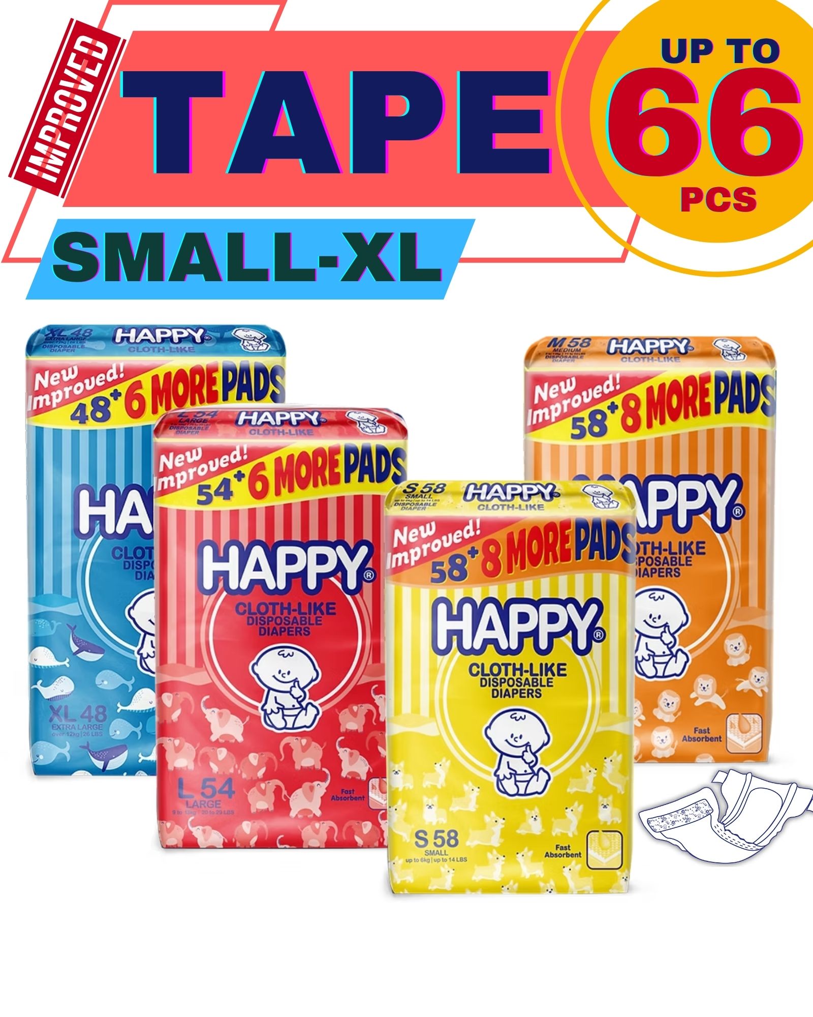HAPPY BABY REGULAR DIAPER JUMBO PACK SMALL - XL (up to 66pcs) | Shopee ...