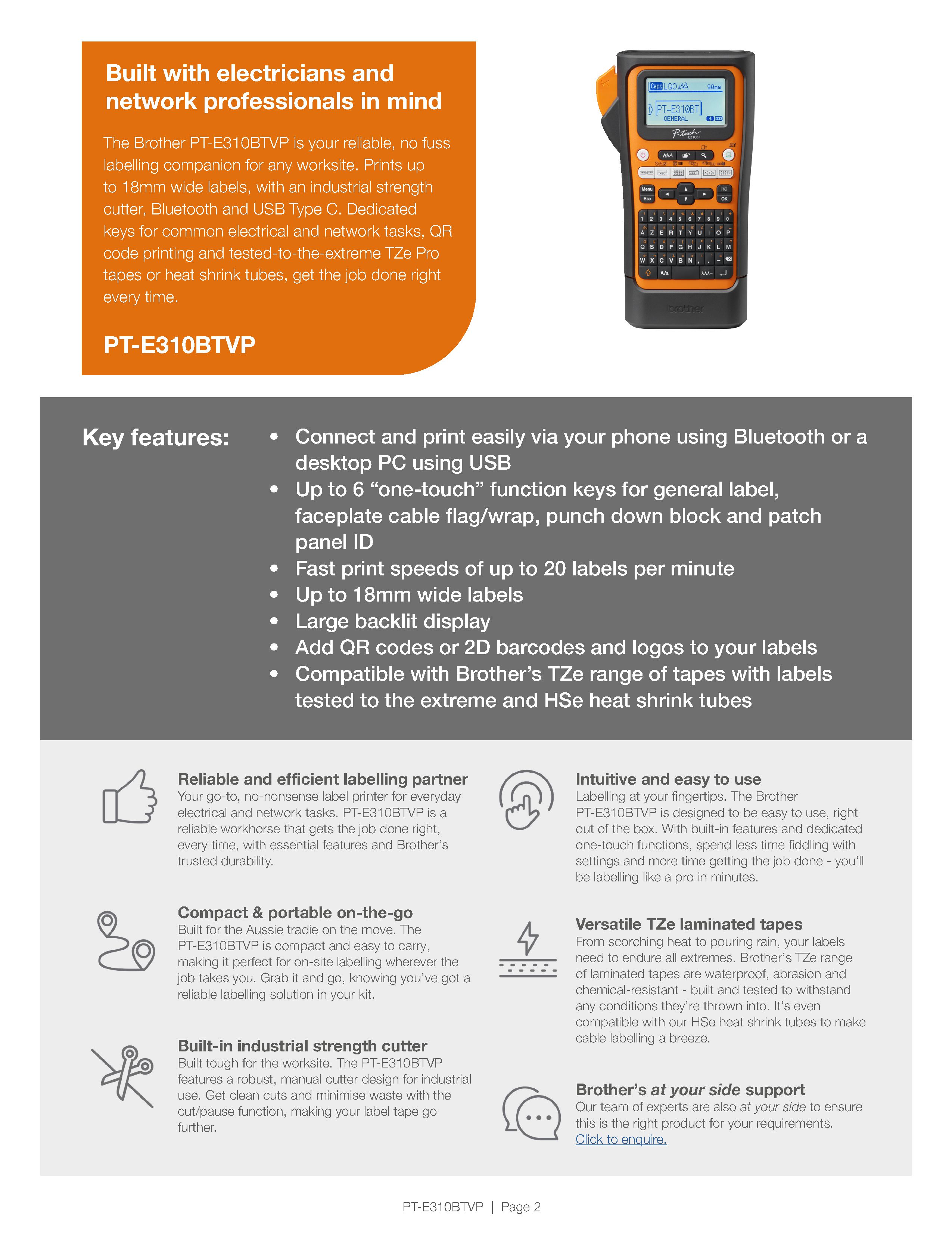 Brother PT-E310BTVP Handheld Label Printer with Bluetooth USB-C E310 ...