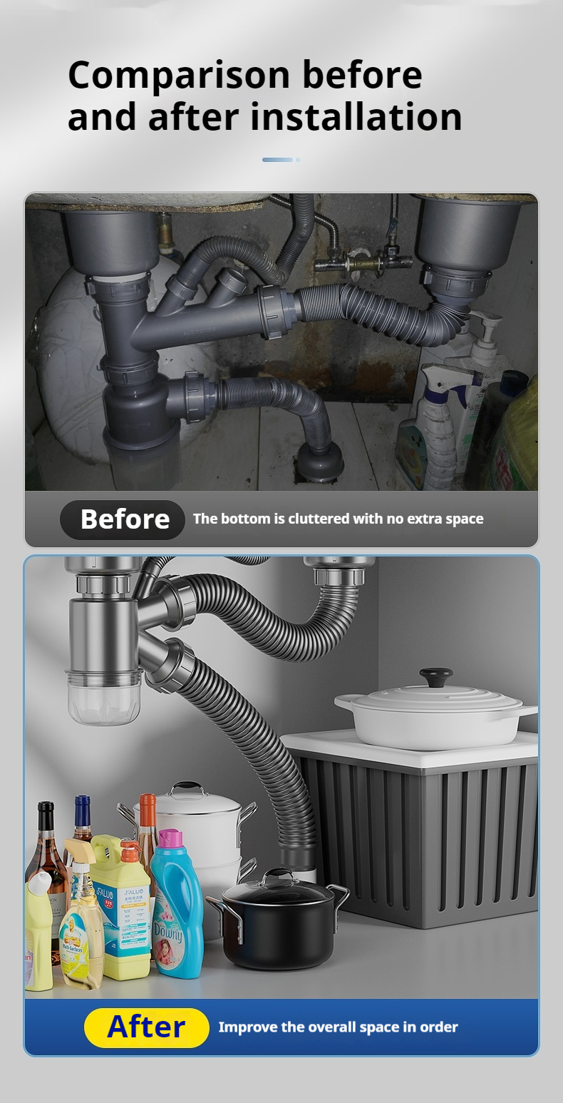 sus304 Sink Drainer P Trap Set Pipe Accessory Double Sink Drain Pipe ...