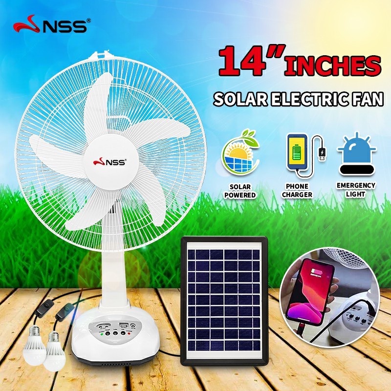 NSS Solar Rechargeable Electric Fan with LED Light - 12'' & 14'' (with ...