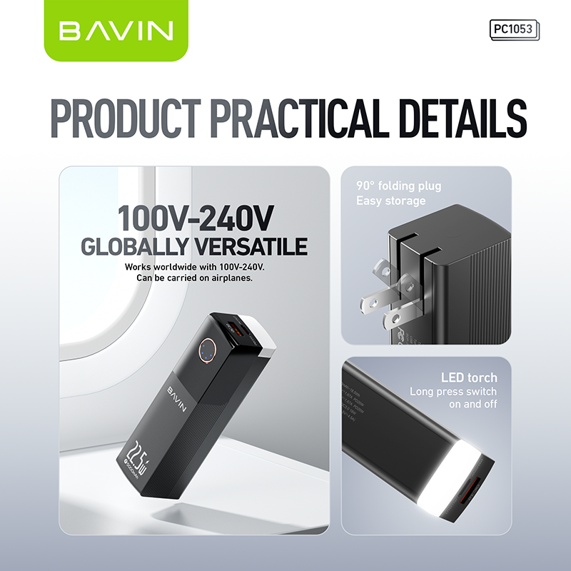 BAVIN PC1053 5000mAh Portable Fast Charging Powerbank 20W Input 22.5W Output & AC Plug (FREE ...