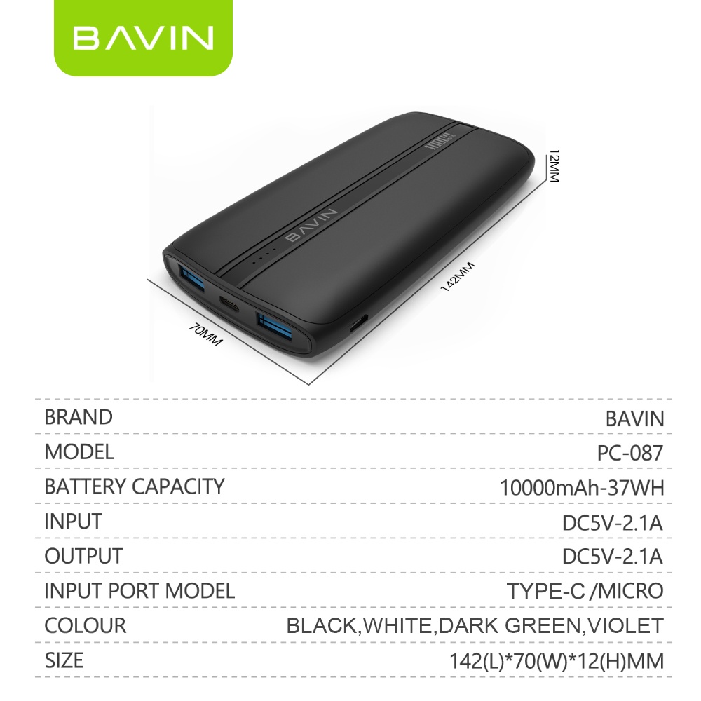 BAVIN PC087 10000mAh Slim Size Portable Power Bank W/ Micro Type-C ...