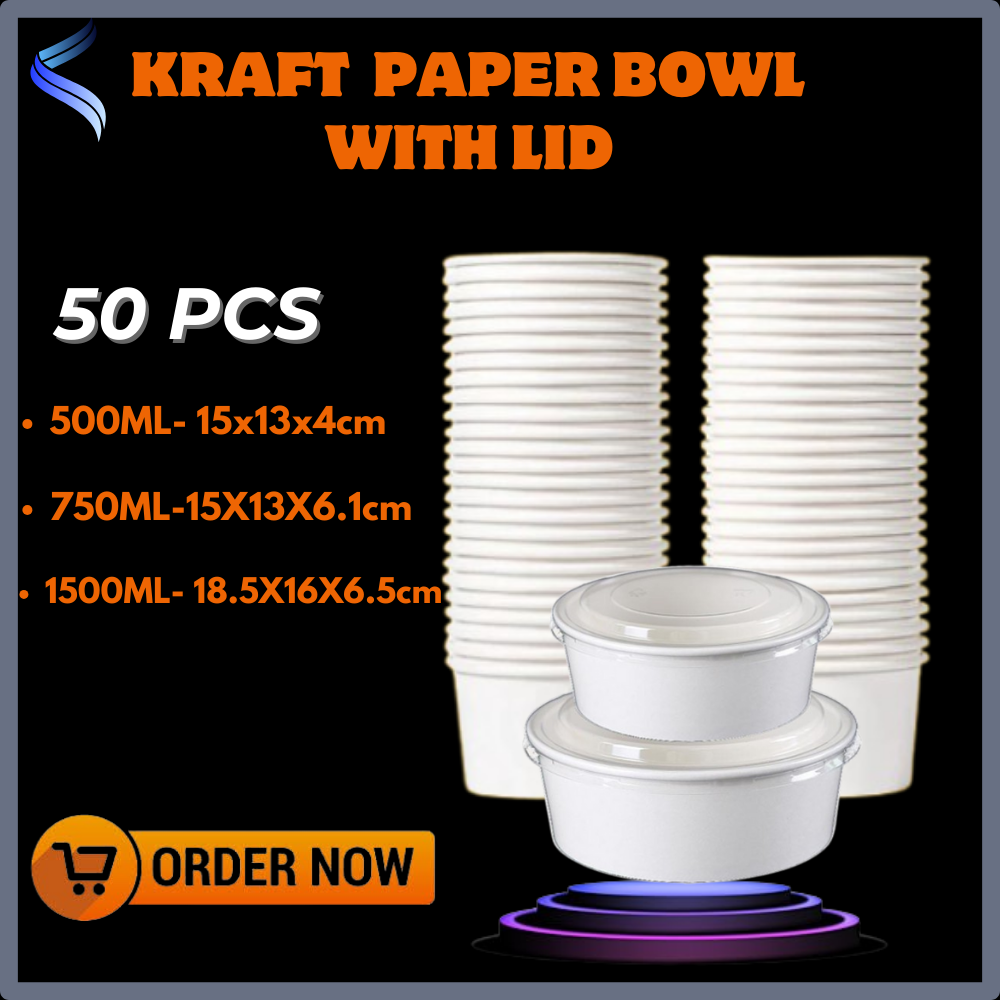 50PCS Kraft Paper Bowl With Plastic Lid Rice Bowl Kraft Salad Bowl ...