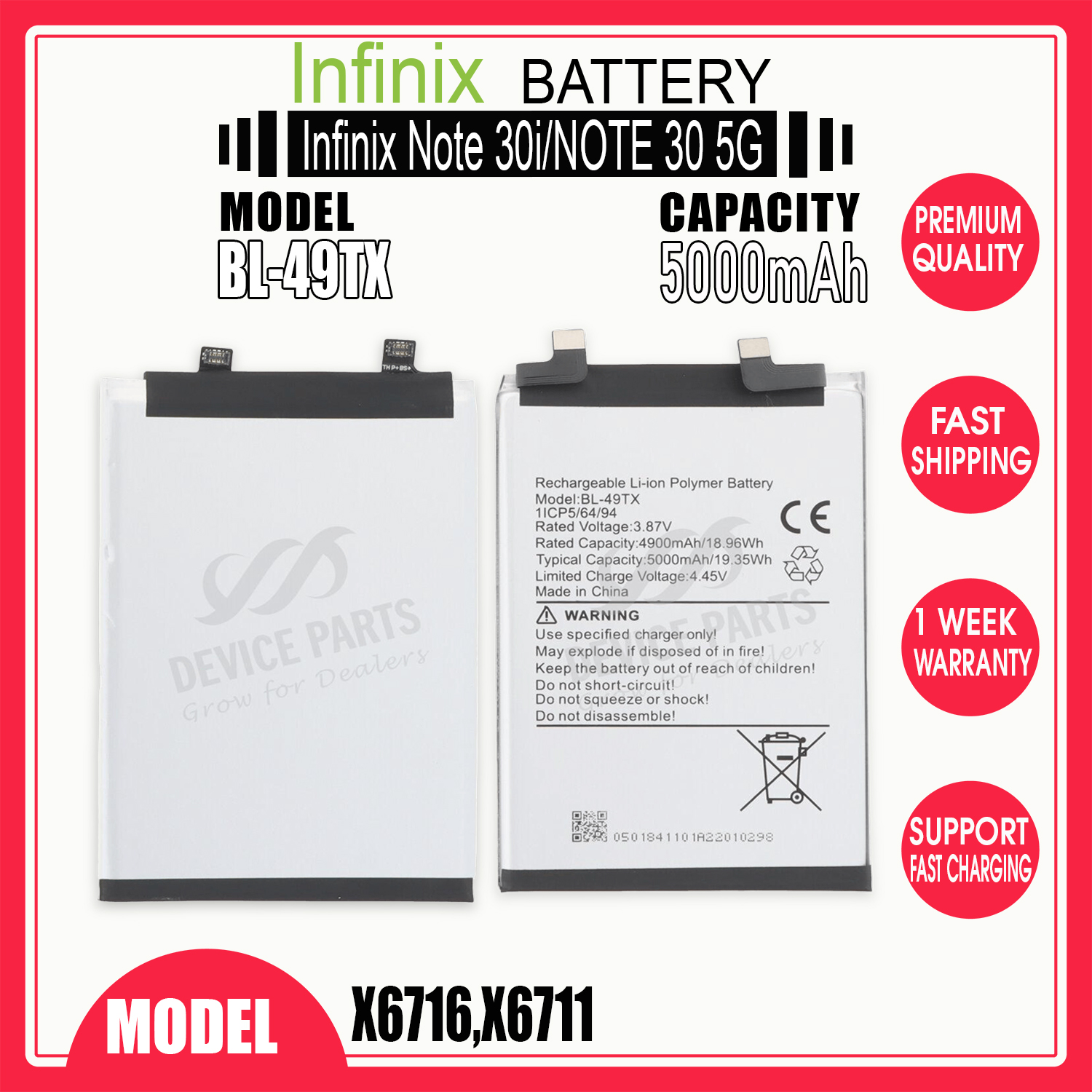BL-49TX BATTERY FOR INFINIX NOTE 30I/NOTE 30 5G BATTERY MODEL BL-49TX ...