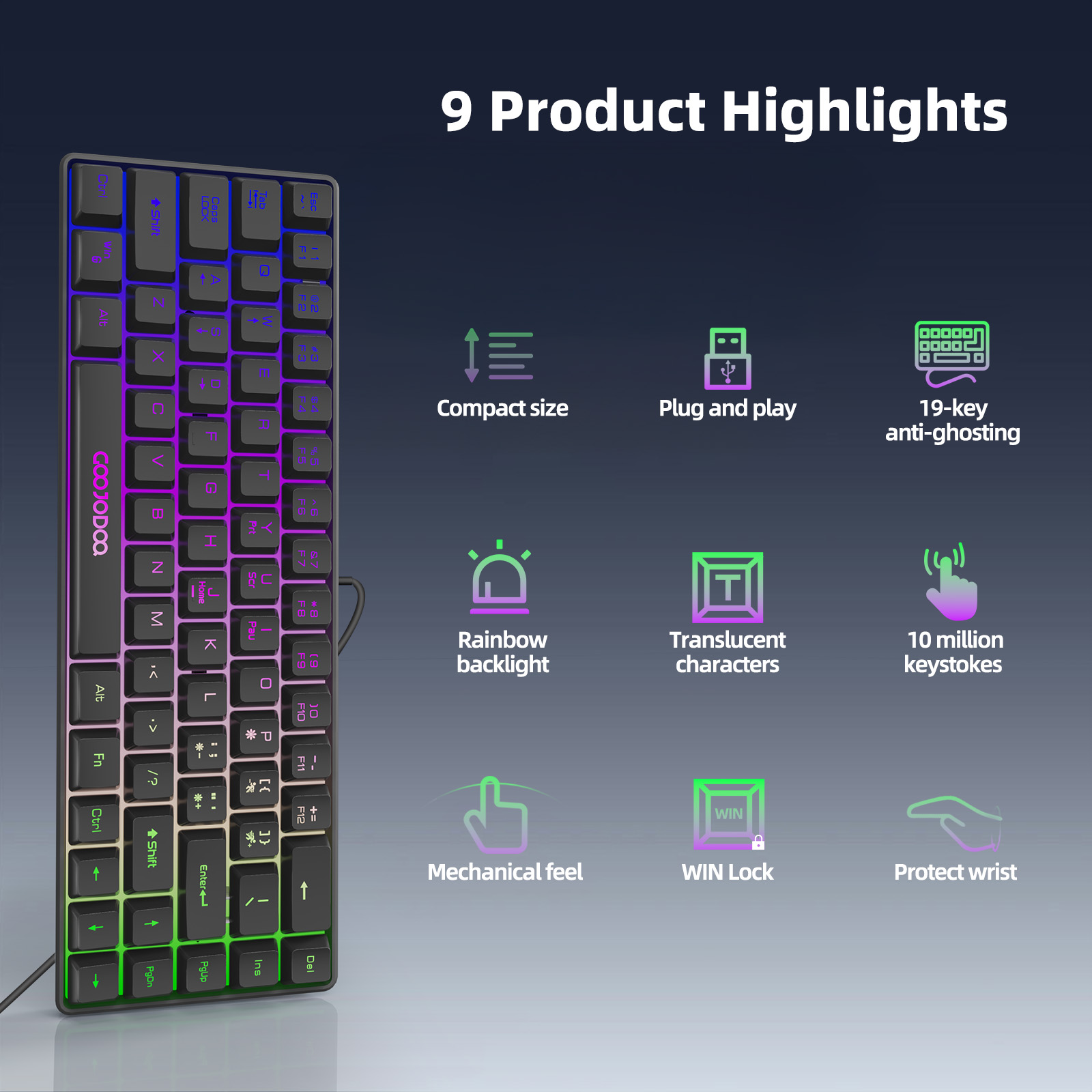 GOOJODOQ Wired Keyboard 68 Key Anti-slip Stablize Ergonomic Support ...