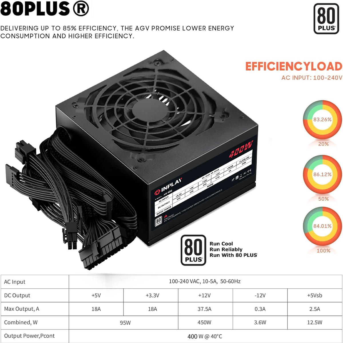 Inplay ATX Power Supply 400W 80 Plus Long Wire PSU For Desktop Computer ...
