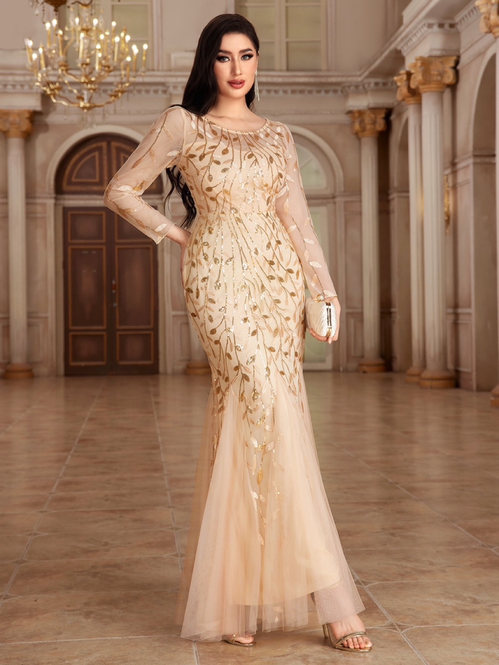Rhian Long-sleeved round-neck full-lined back zipper fishtail skirt ...