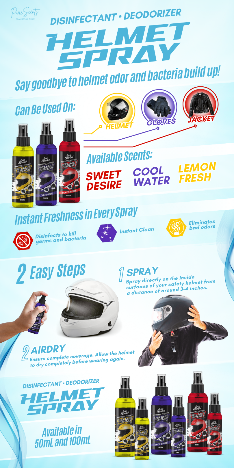 Helmet Spray - Anti-Bacterial Protection & Odor Elimination for Daily ...