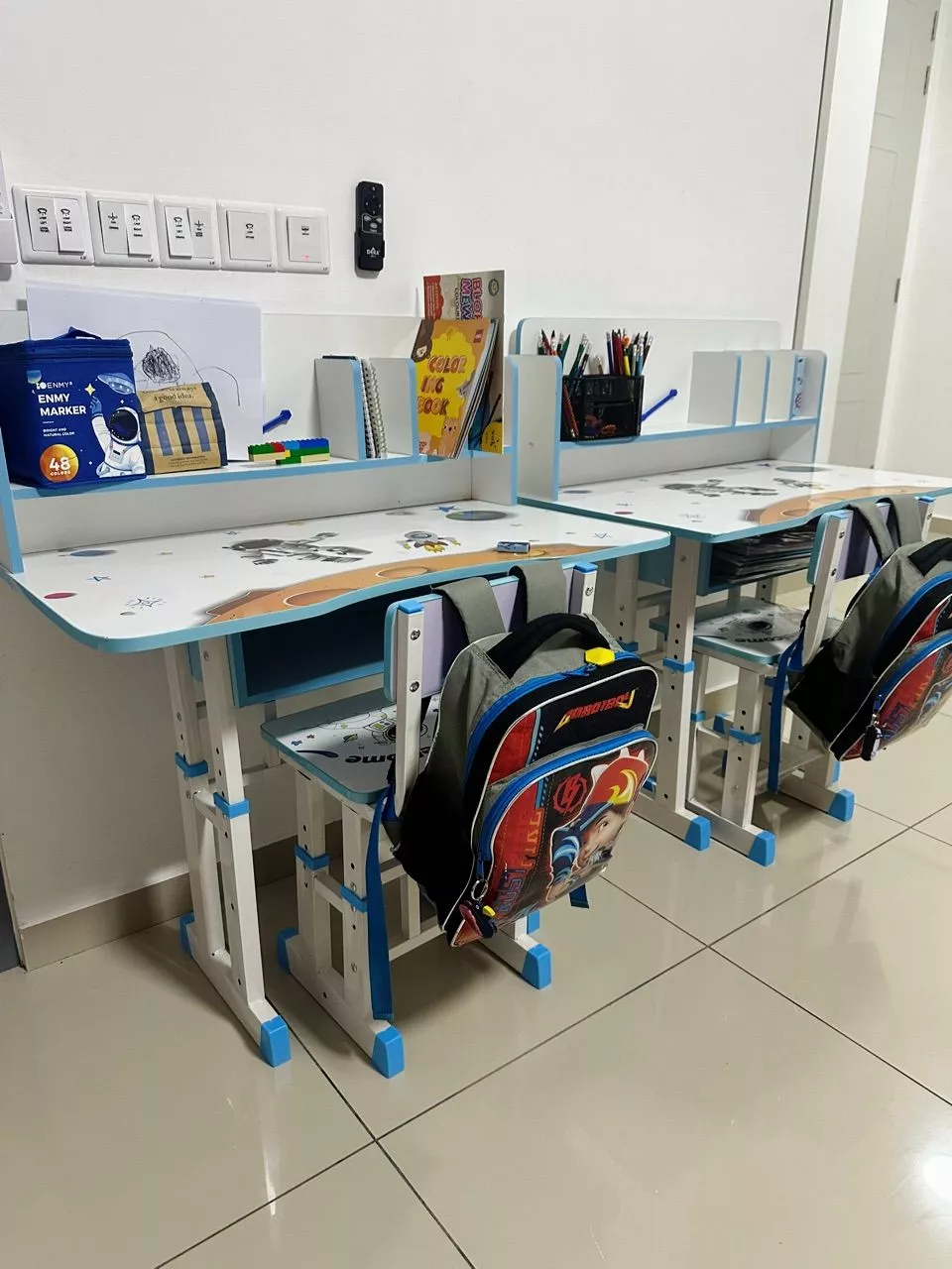 Children's Study Tables And Chairs Adjustable Height Set With Bookshelf ...