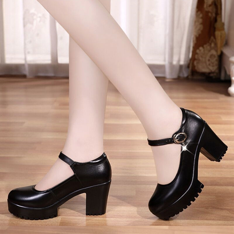 (with box) Women's Black Mary Jane High heels 3 inches pointed school ...