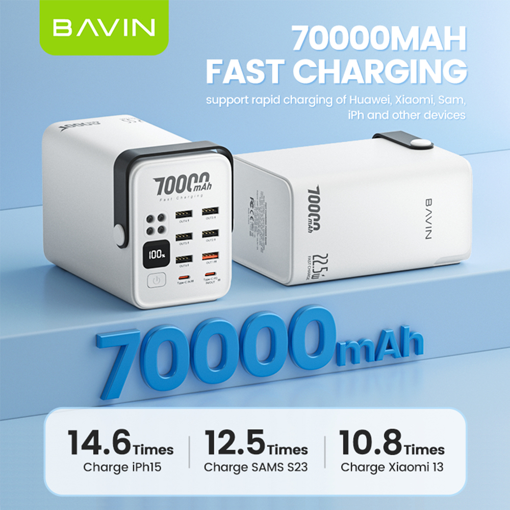 BAVIN PC1062 70000mAh Fast Charging Power Bank QC 3.0 22.5W + PD 20W w/ 6x USB & 2x Type-C Port ...