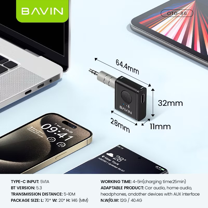 BAVIN O86 OTG Universal Bluetooth 5.3 Receiver Plug & Play w/ AUX ...