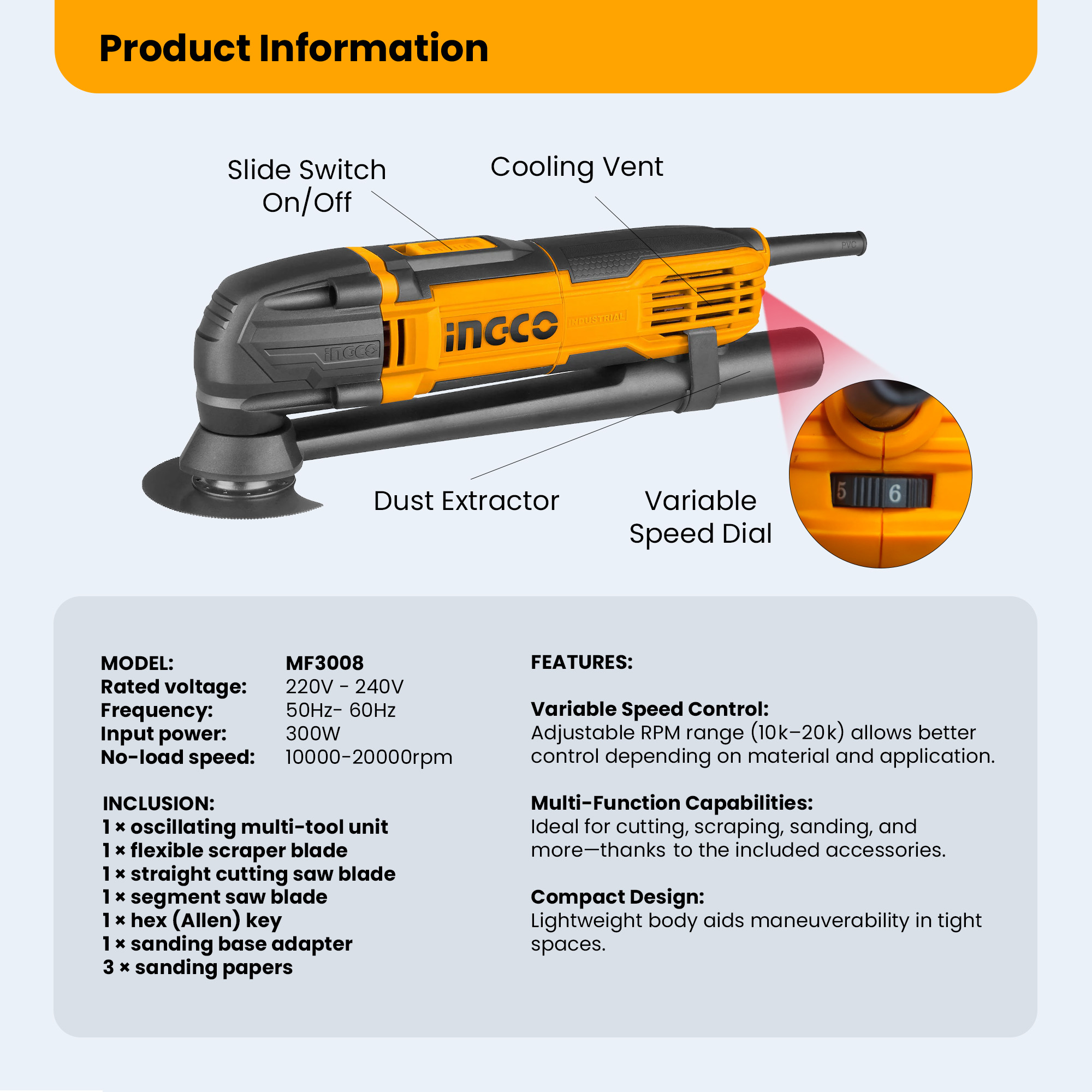 INGCO MF3008 Electric Multi-Function Oscillating Tool / Multi-Tool 300W ...