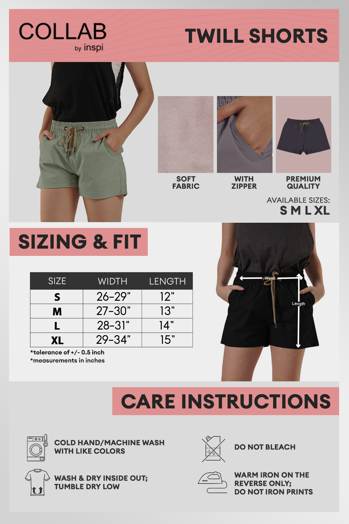 COLLAB by Inspi Twill Shorts For Women with Side Pockets Drawstring ...