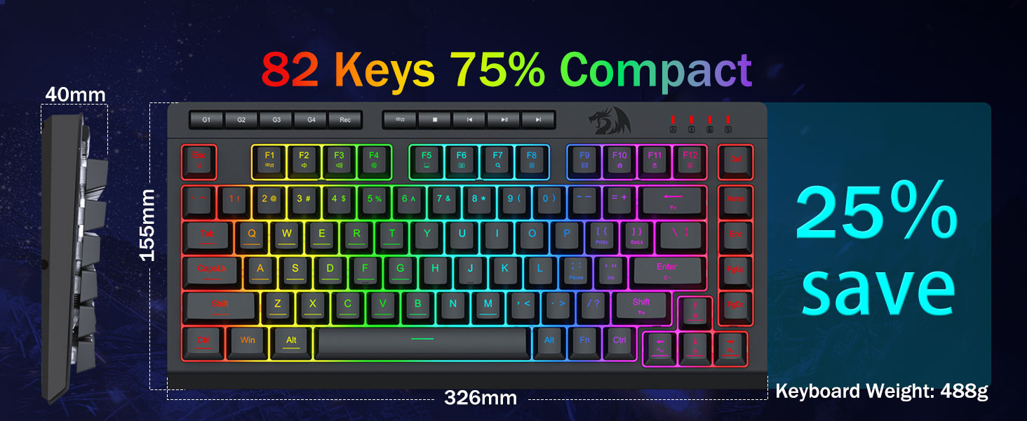 Redragon Crescent K524-RGB 75% Wired Gaming Keyboard With Macro Keys ...