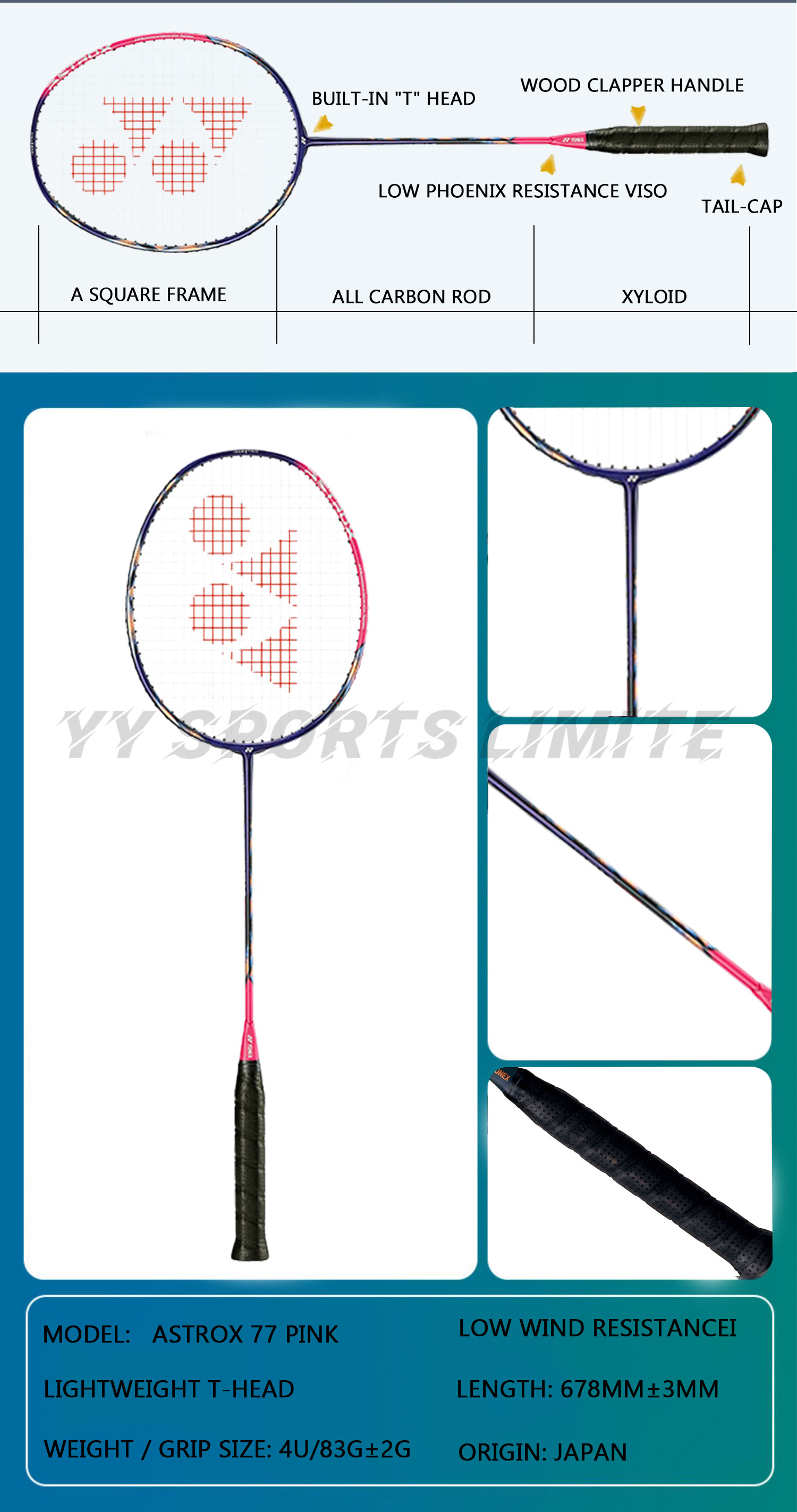 Badminton racket original ASTROX 77 PRO Frame with string Pink 4U5 PBSI ...
