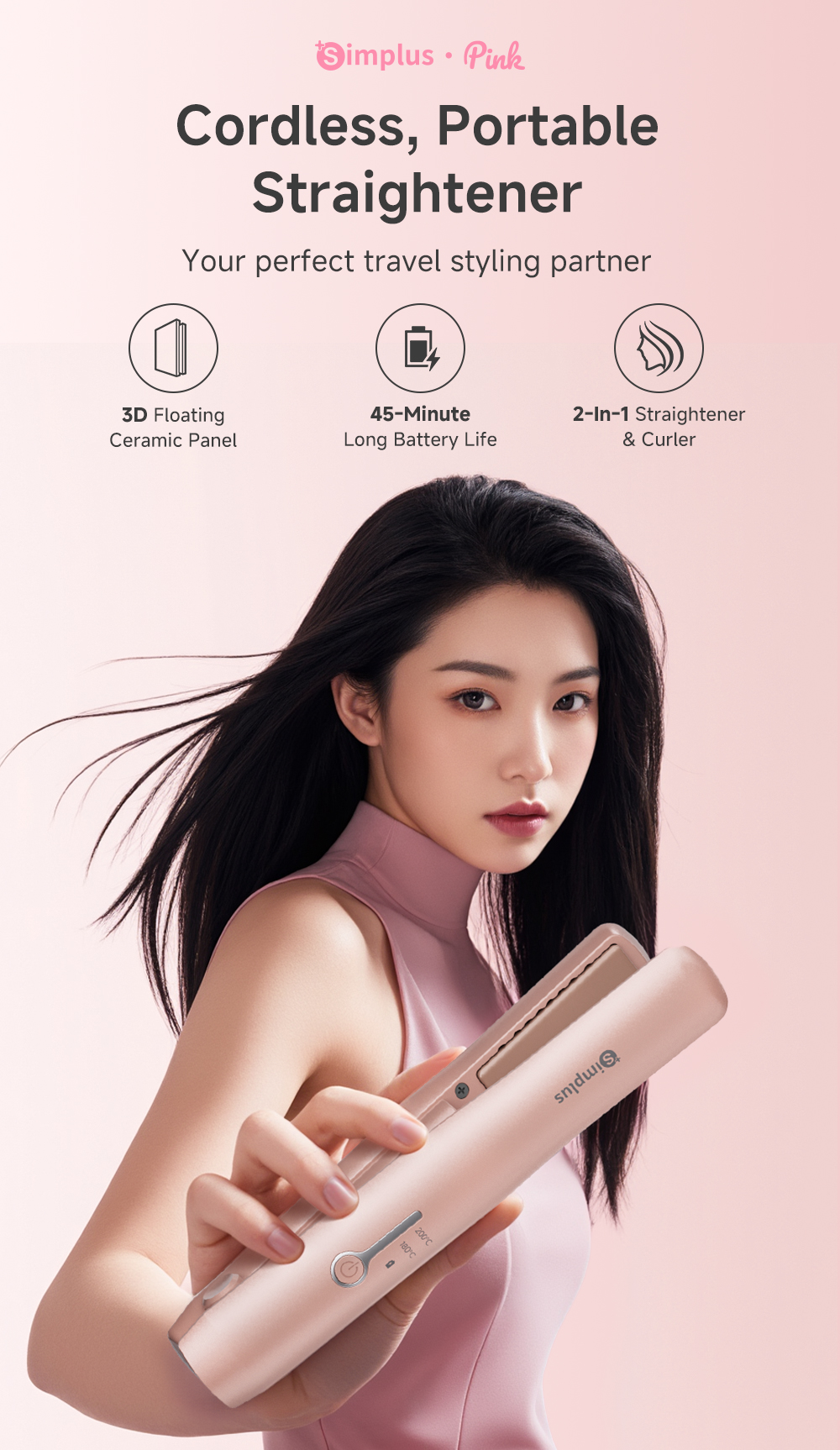 SimplusPink Cordless Hair Straightener–171g Portable, 45min Battery, 2 Temps, 30s Fast Heat, 2 ...