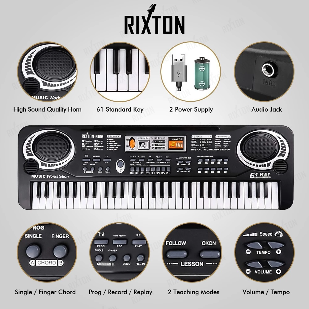 RIXTON 61 Keys Digital Piano Electronic Keyboard For Kids Electronic ...