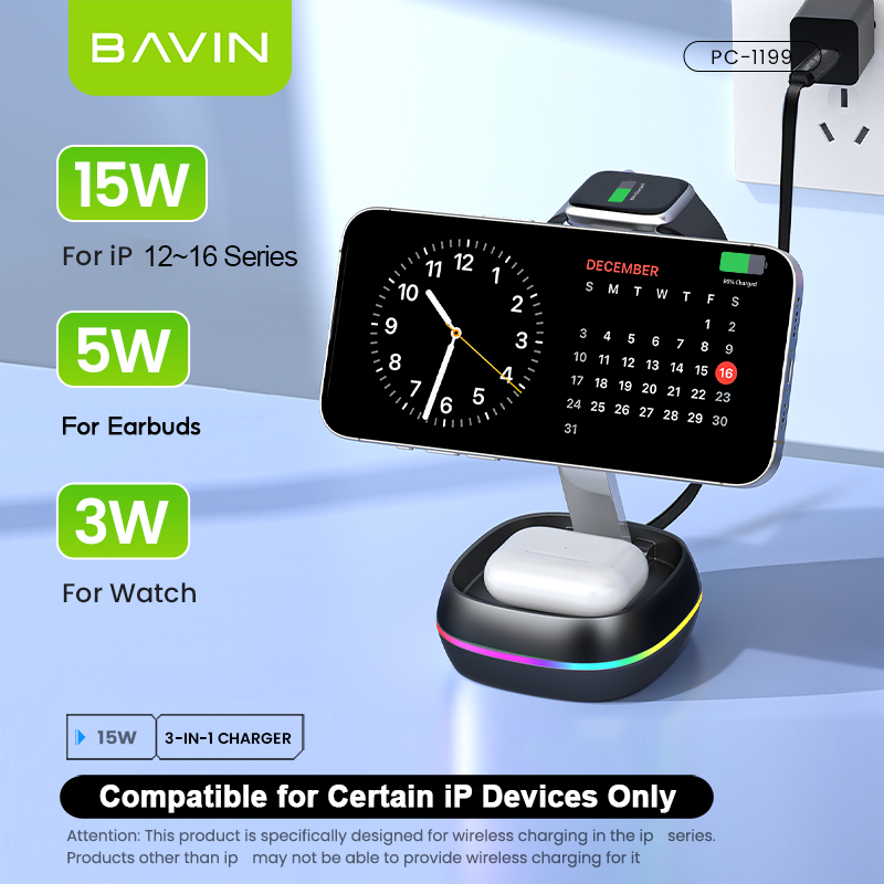 BAVIN PC1199 3in1 Magnetic Wireless Charger 15W Type-C Input & Foldable ...
