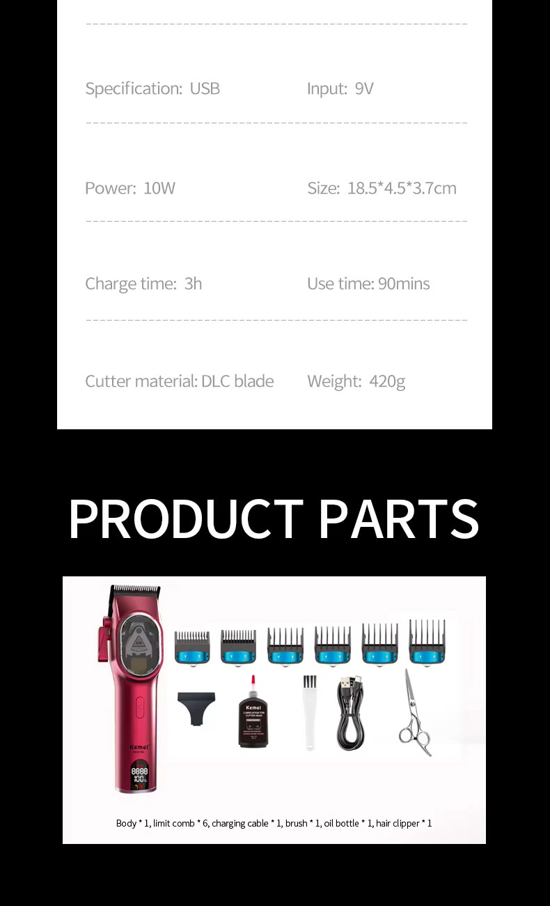 Kemei Rechargeable Hair Clipper Cordless DLC Hair Trimmer Cordless ...