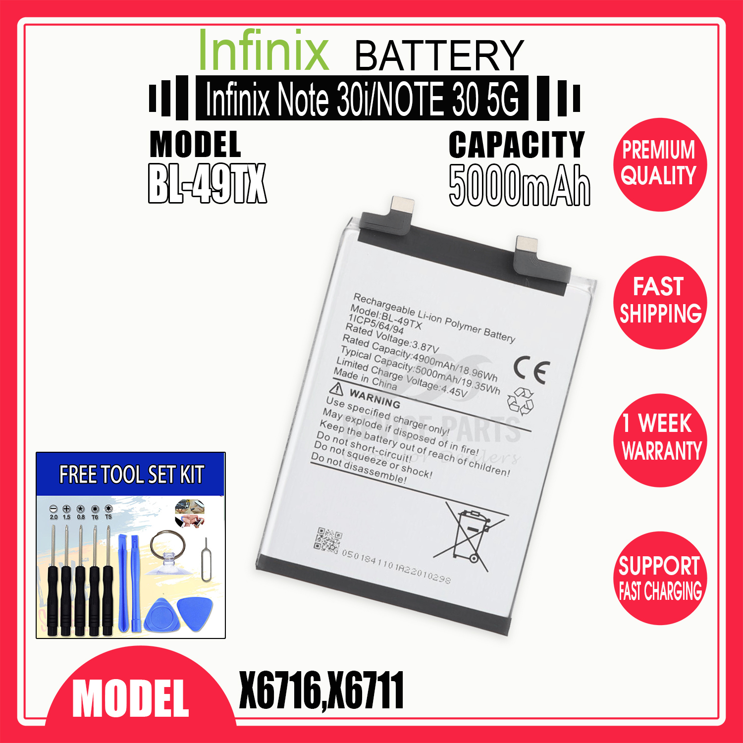 BL-49TX BATTERY FOR INFINIX NOTE 30I/NOTE 30 5G BATTERY MODEL BL-49TX ...