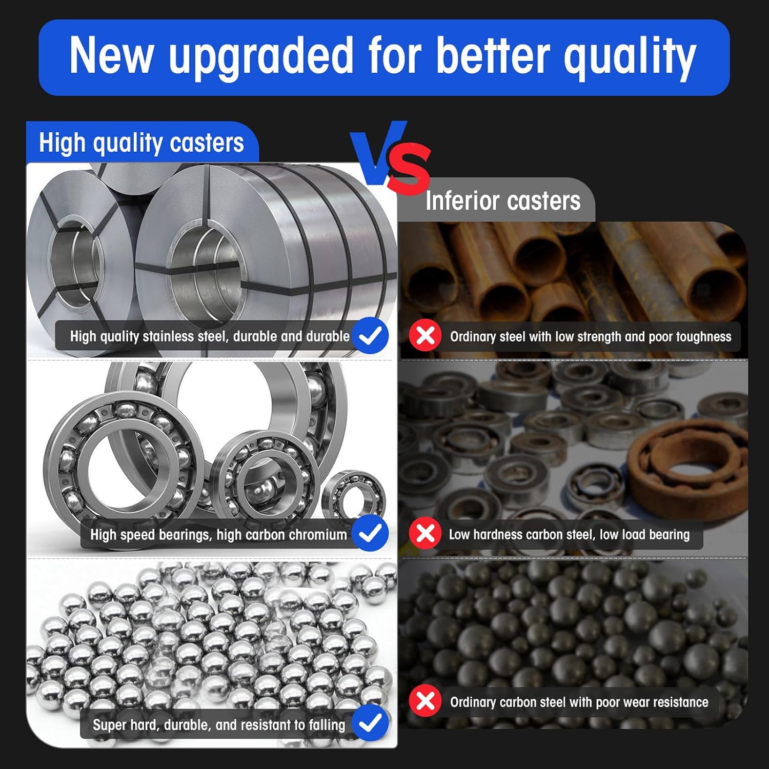 4pcs Gold Diamond Caster Wheels Heavy-Duty Caster Set (Black Fixed & W ...