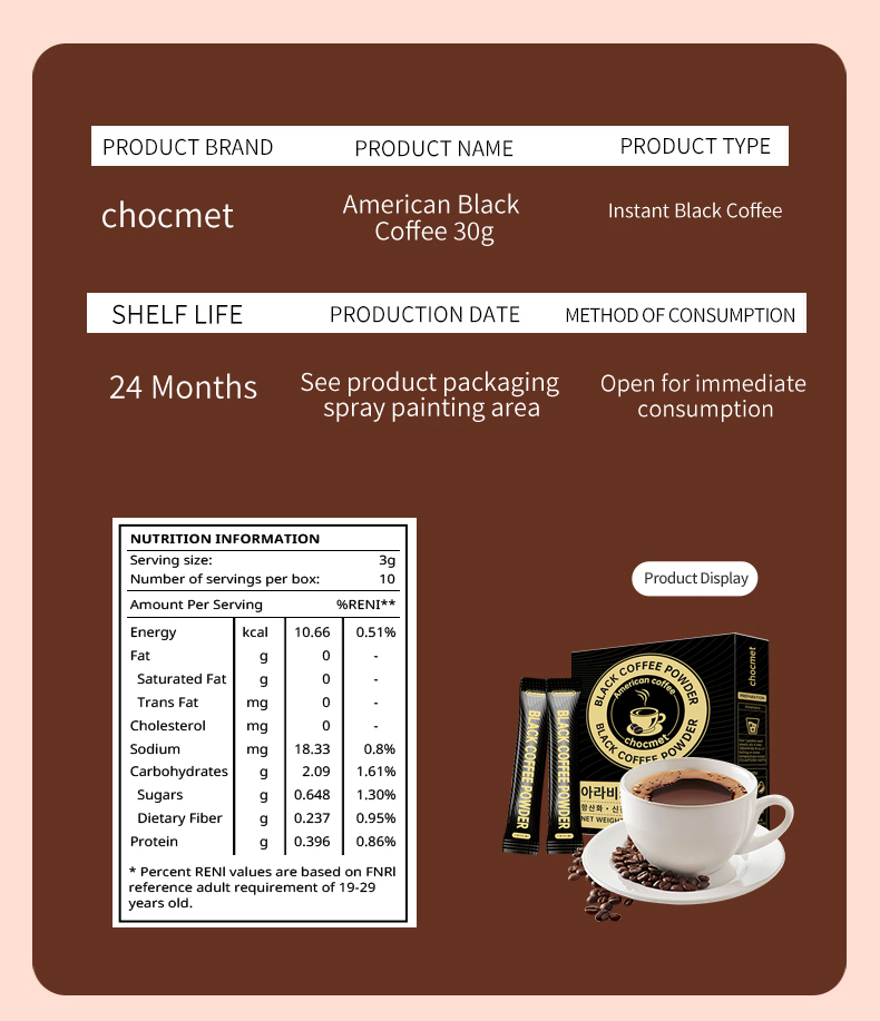 CHOCMET Black Coffee 0 Fat Healthy Coffee 3*10g Arabica Beans Instant ...