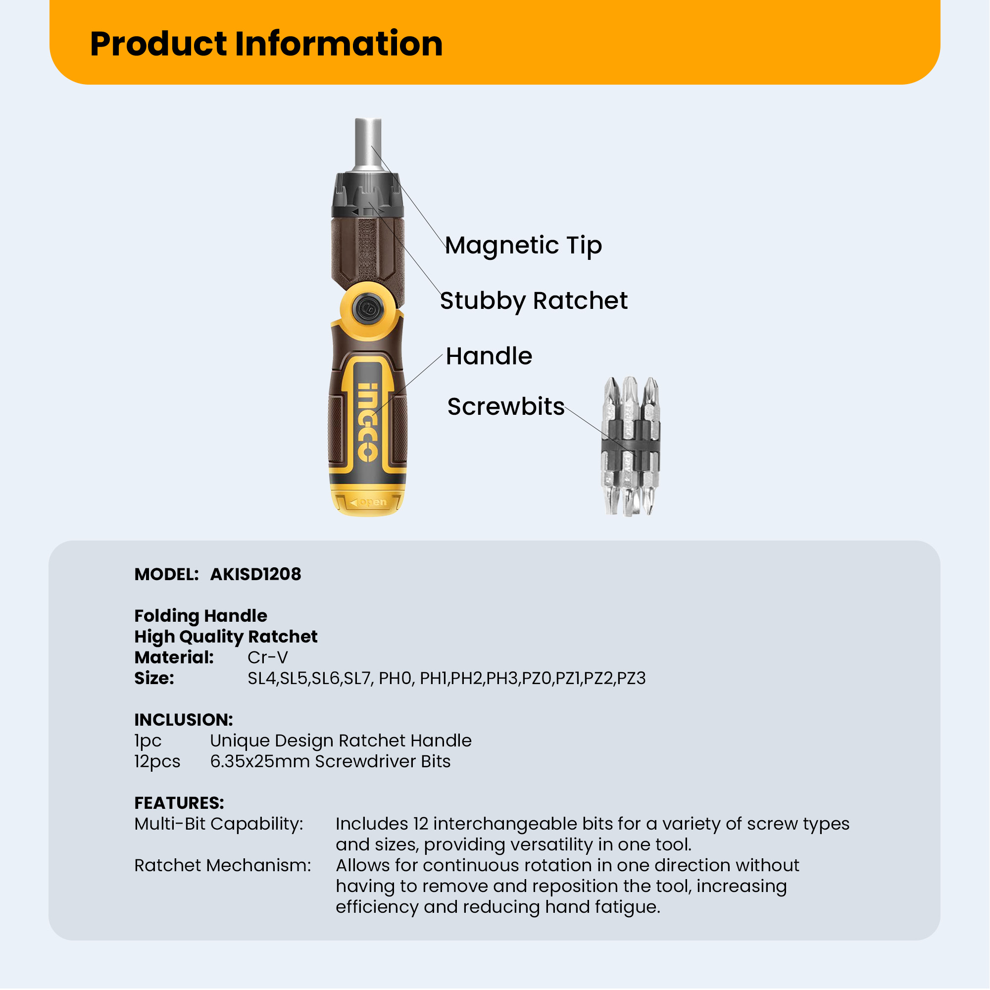 Ingco 13-in-1 Ratchet Screwdriver Set CR-V, Folding Handle AKISD1208 ...