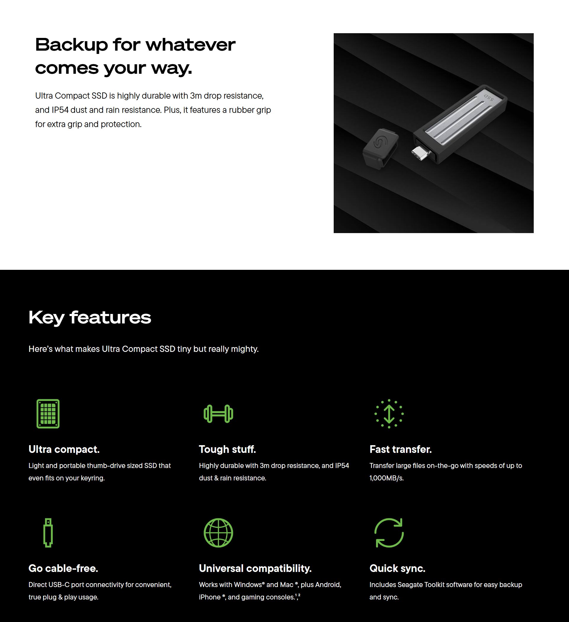 Seagate Ultra Compact SSD 1TB/2TB USB-C Cable-Free IP54 External SSD ...