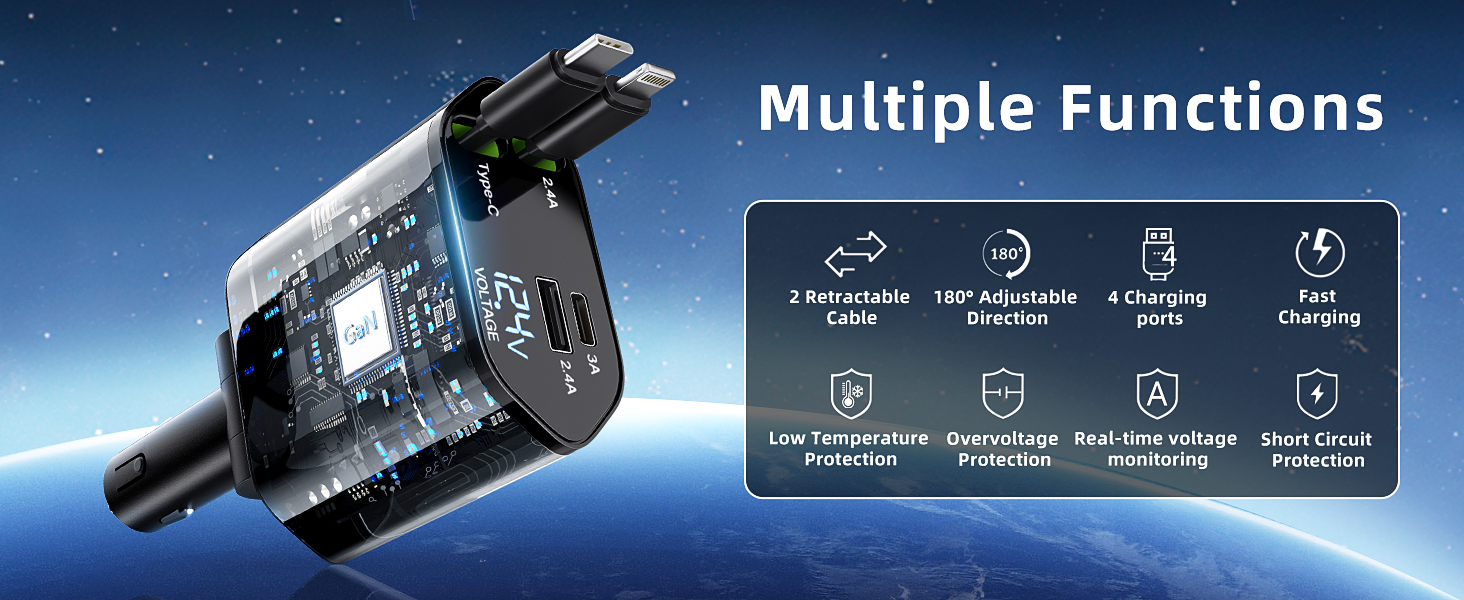 Fast Charging Retractable Fast Car Charger 4-In-1 Car Phone Charger ...