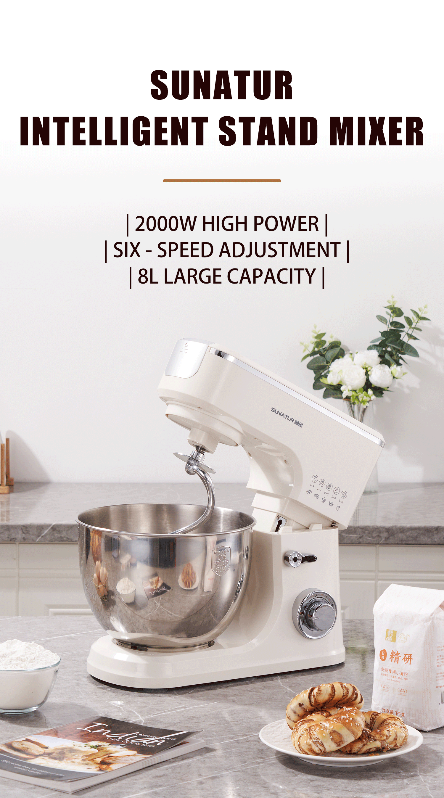 SUNATUR 8L Stand Mixer 2000W,Stainless Steel Bowl,6-Speed Dough Kneader ...