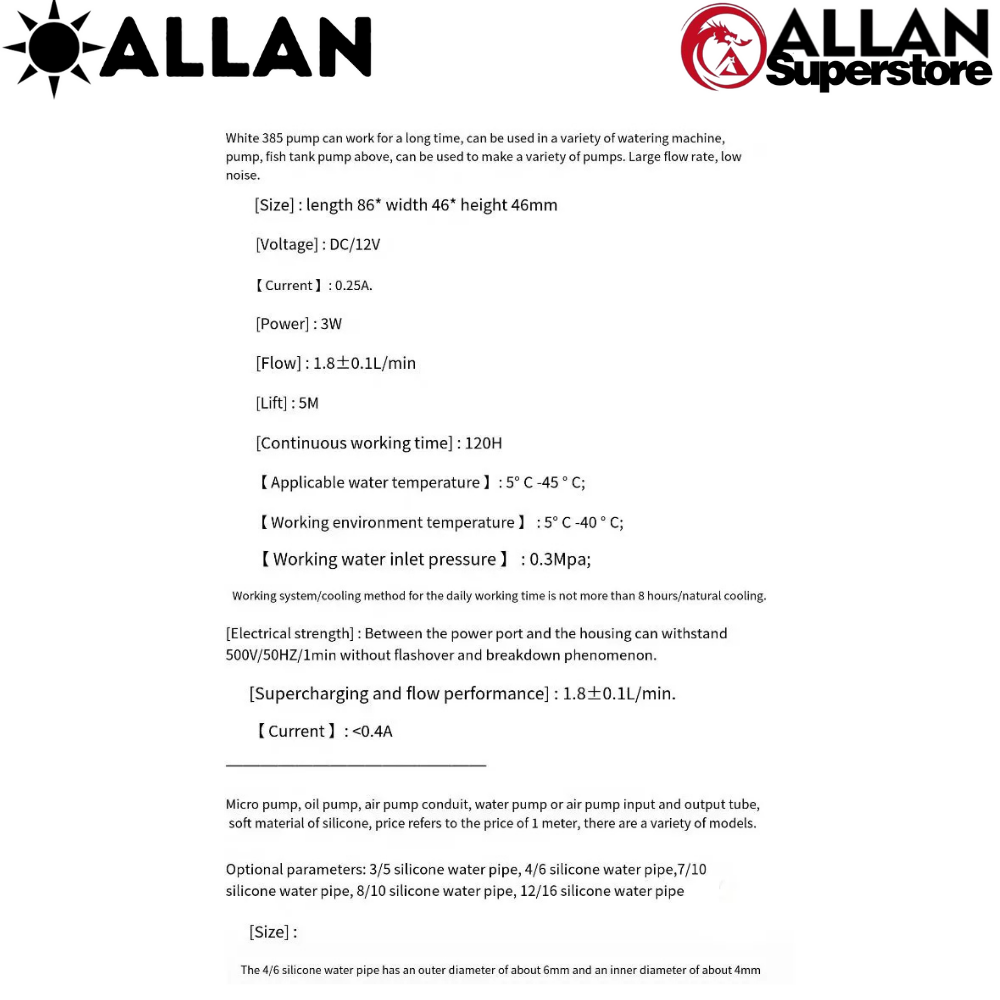 ALLAN Water Pump 385 12V Dc Water Pumping Motor Mini Water Pump Machine ...