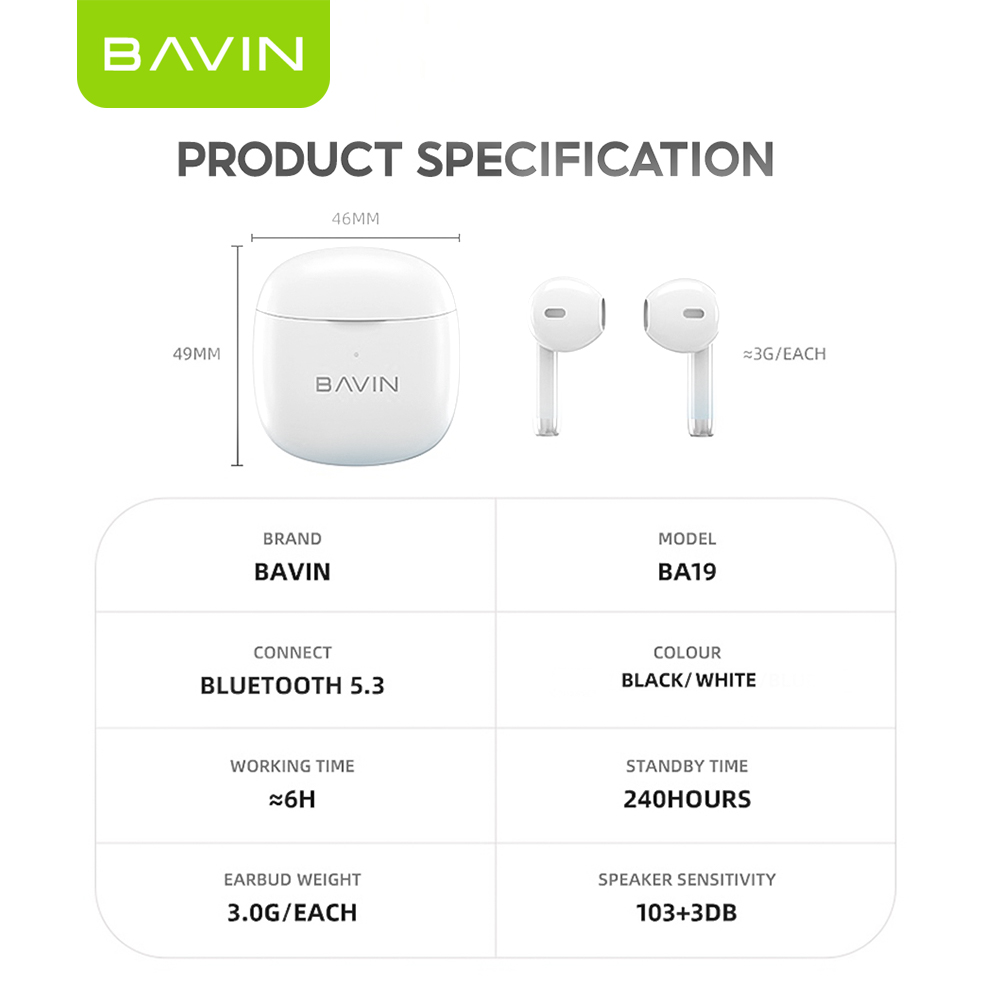 BAVIN BA19 TWS Bluetooth Earphone High Stereo Sound Wireless Earphones ...
