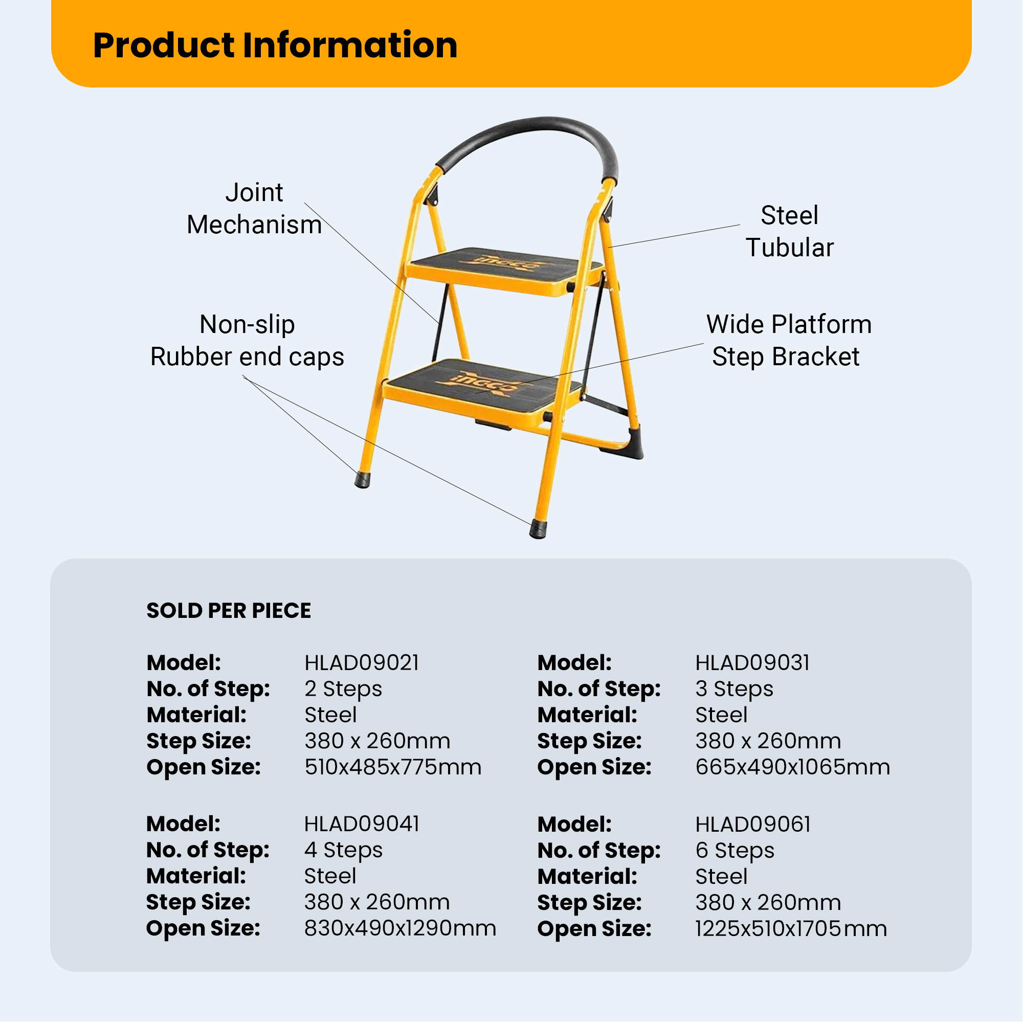 Ingco Multi-Step Steel Ladder 2/3/4/6 Steps 150kg Capacity, Anti-Slip ...