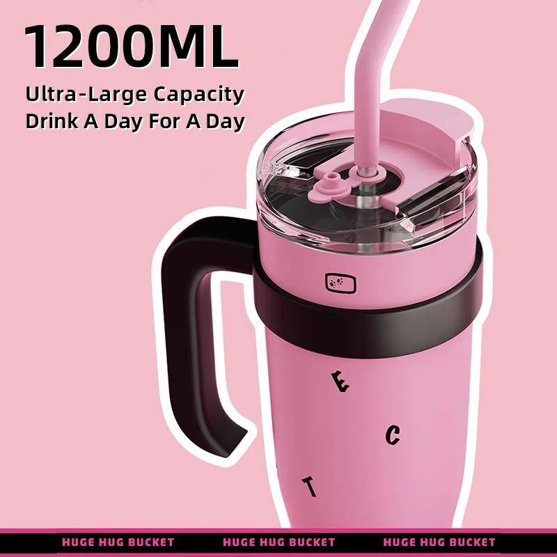 1200ml 40oz Black & Pink Thermal Water Bottle Stainless Steel Tumbler with Handle Straw Cup ...