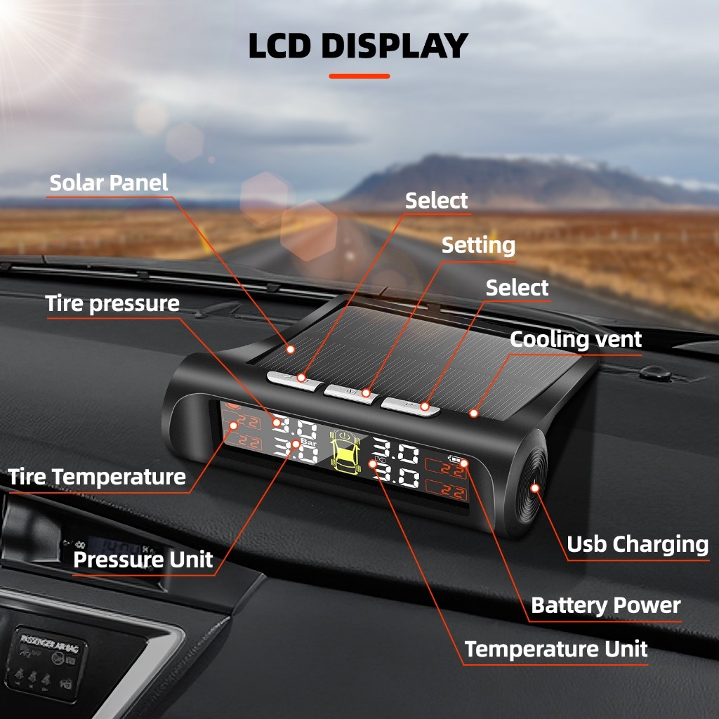 TPMS Wireless Tire Pressure Monitoring System Solar 4 External Sensors ...