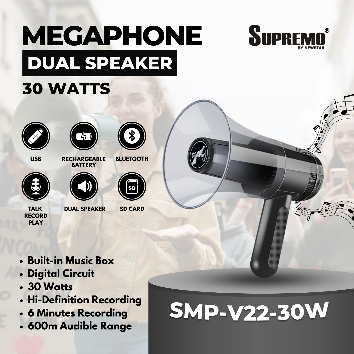 Supremo Powerful Handheld Recording Megaphone 30Watts (Multipurpose ...