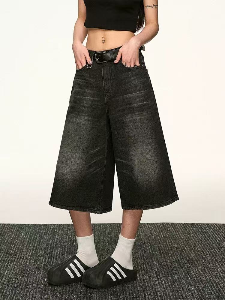 Women Over Knee Cropped Denim Shorts Straight Wide Leg jorts Maong ...
