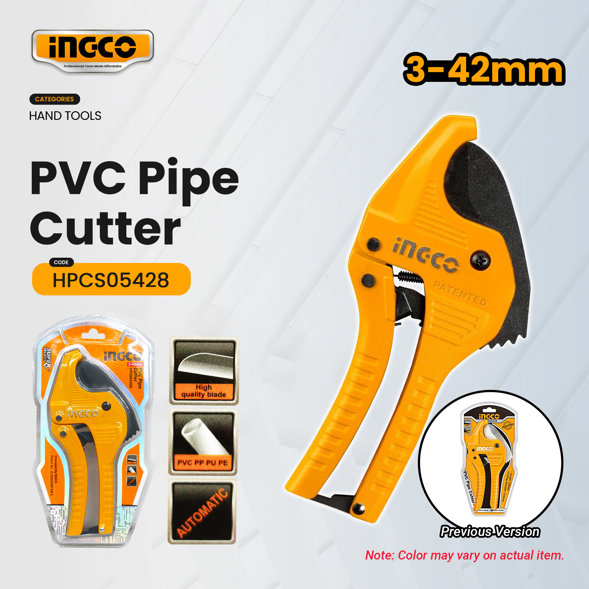 Ingco HPCS05428 PPR PVC Pipe Cutter 3-42mm with Automatic Opening Mode ...
