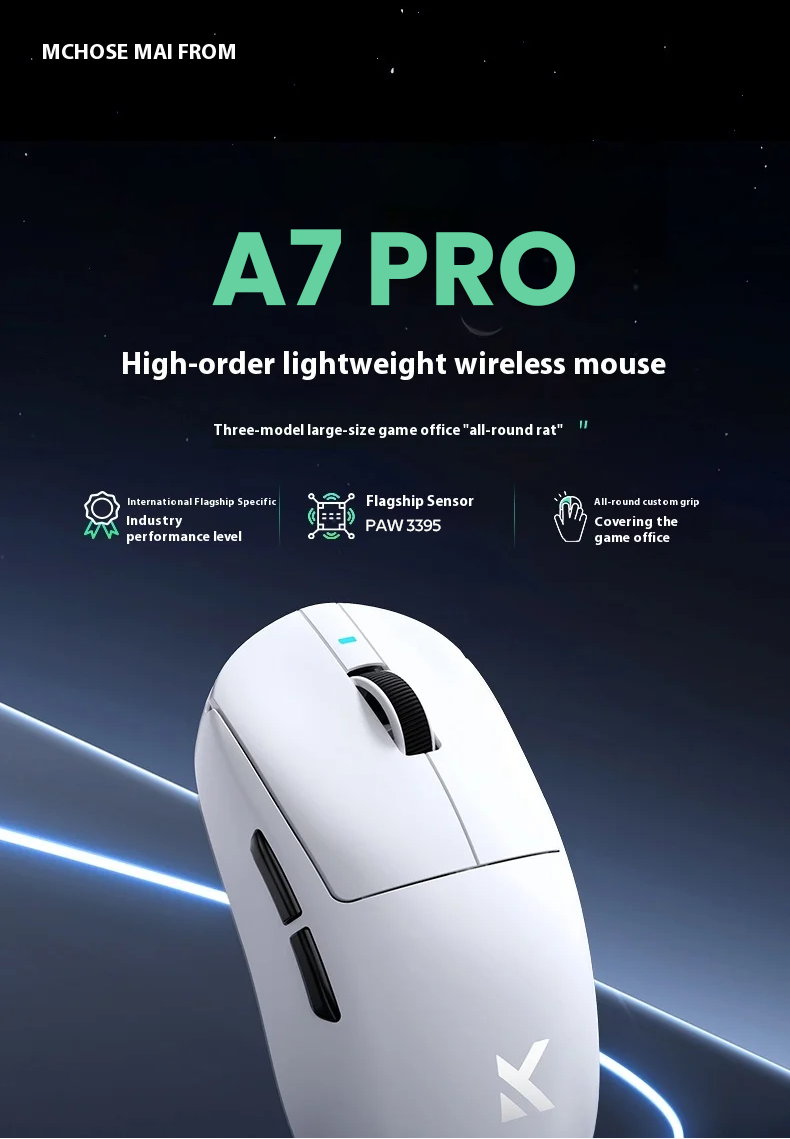MCHOSE A7 Pro Tri-Mode 2.4g Wireless/Wired/Bluetooth 8K PAW3395 Lightweight E-sports Gaming ...