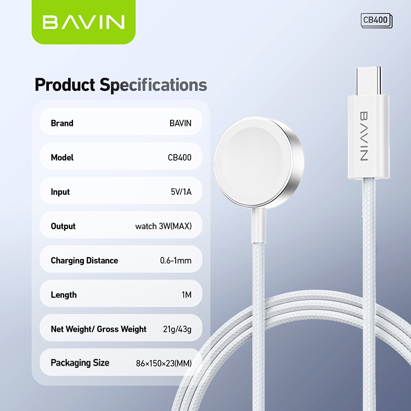 BAVIN CB400 3W Smartwatch Wireless Magnetic Charger w/ Type-C Cable for ...