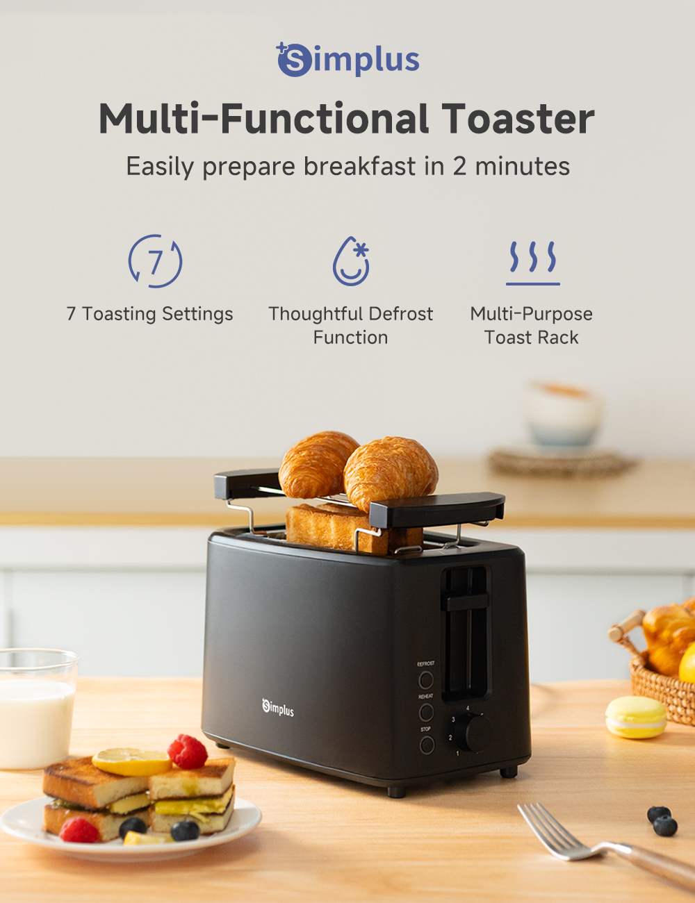 Simplus Toaster 7-Level Temperature Control 3 Functions Defrost ...