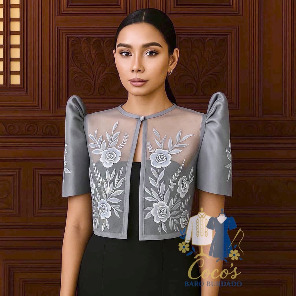 Elegant Hand-Painted Filipiniana Bolero (Gray) | Shopee Philippines