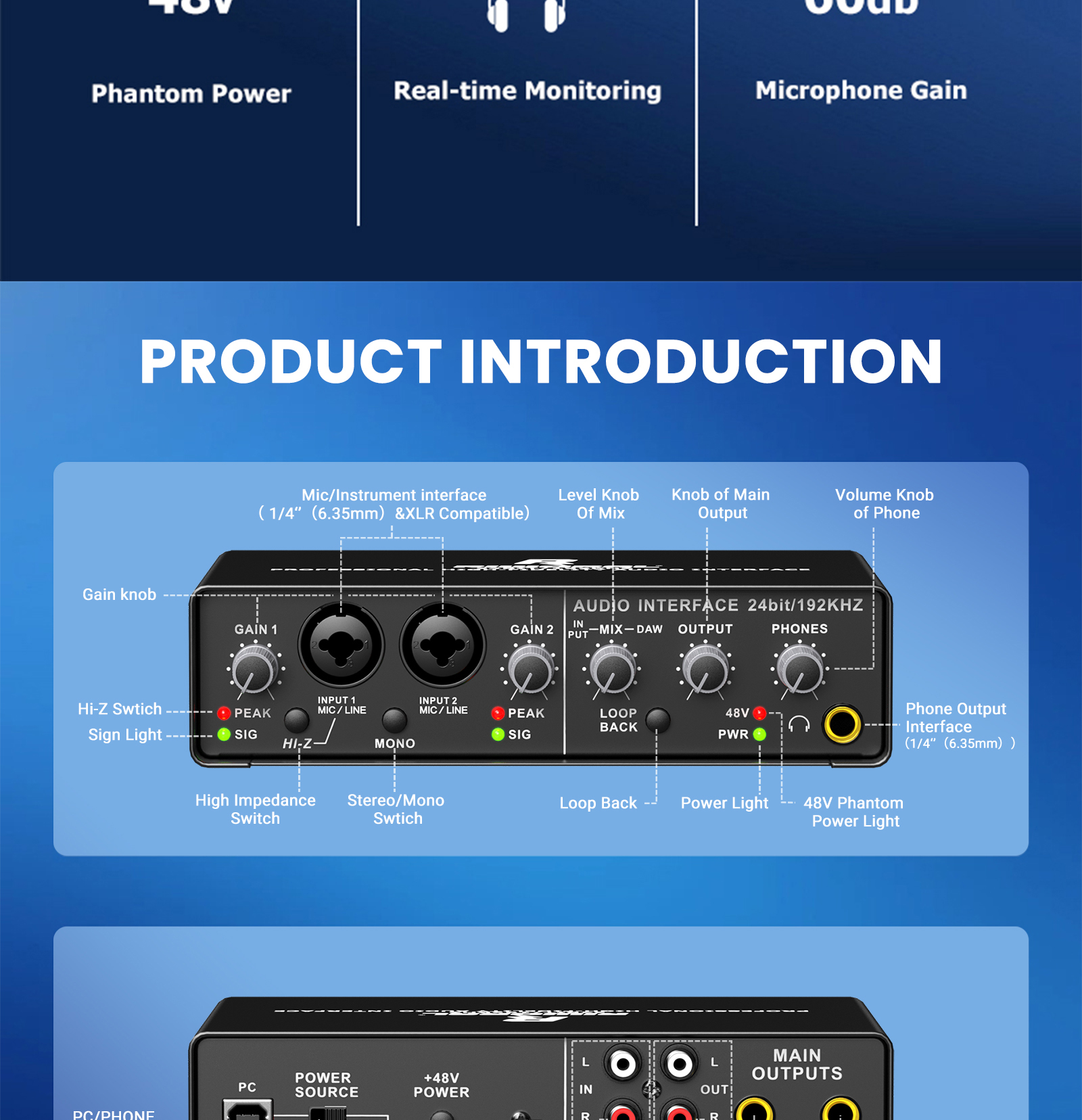 Audio Interface 24Bit/96kHz Used for Pc With XlR / 1/4 Inch Jack 2 ...