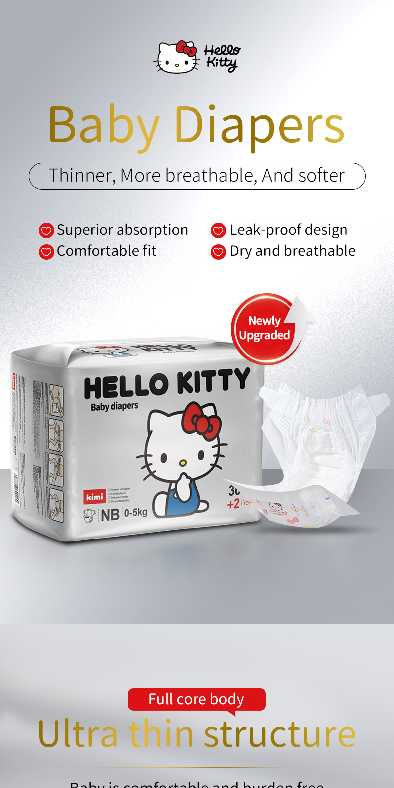 Kimi Hello Kitty Baby Diapers Ultra-Thin Quick-Drying Suitable for Baby ...