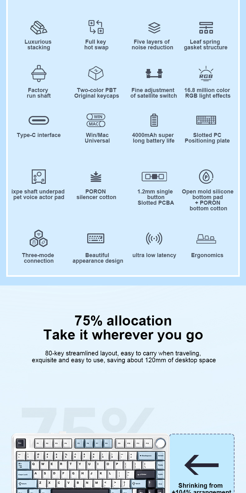 AULA F75 Customized Keyboard 80 Key Tri-Mode Bluetooth/2.4GHz/Type-C ...