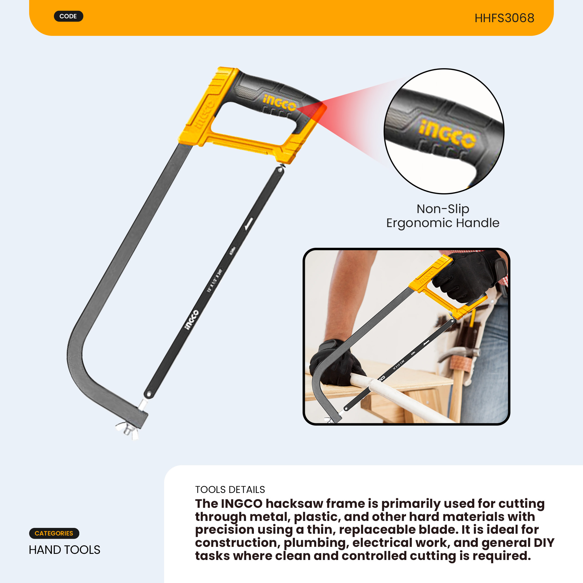 Ingco Adjustable Hacksaw Hack Saw Frame Wood Cutting Sawing Tool With ...