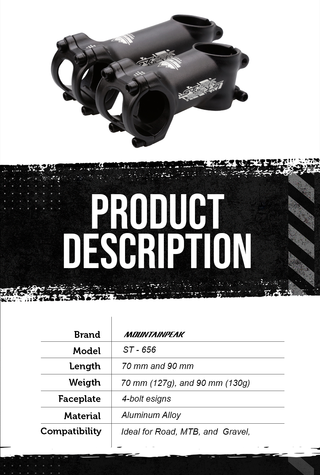 MOUNTAINPEAK Bike Stem 70/90MM 31.8M -17° Negative Handlebar Light ...