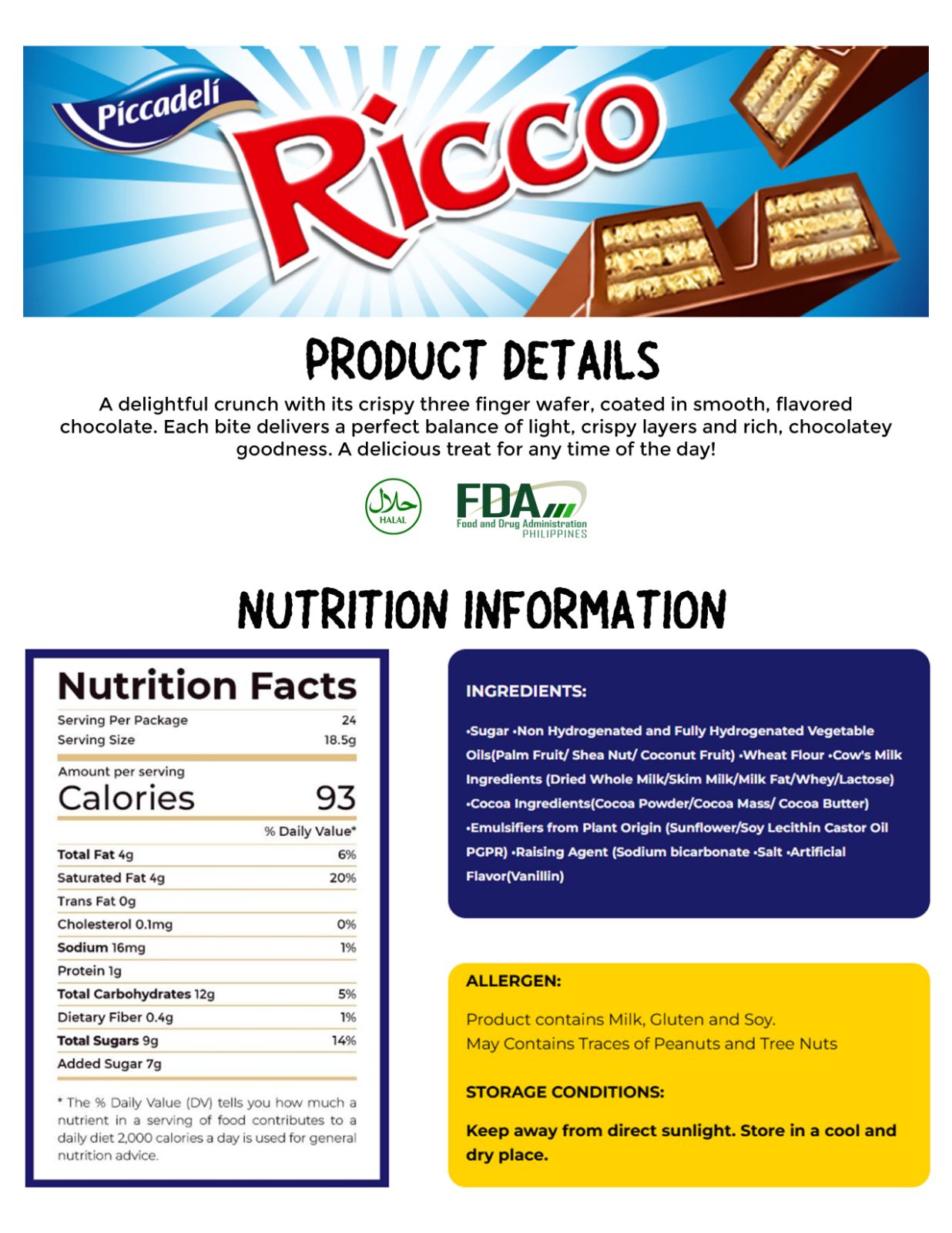 Piccadeli Ricco Crispy Wafer Flavored Chocolate 24x18.5g | Shopee ...